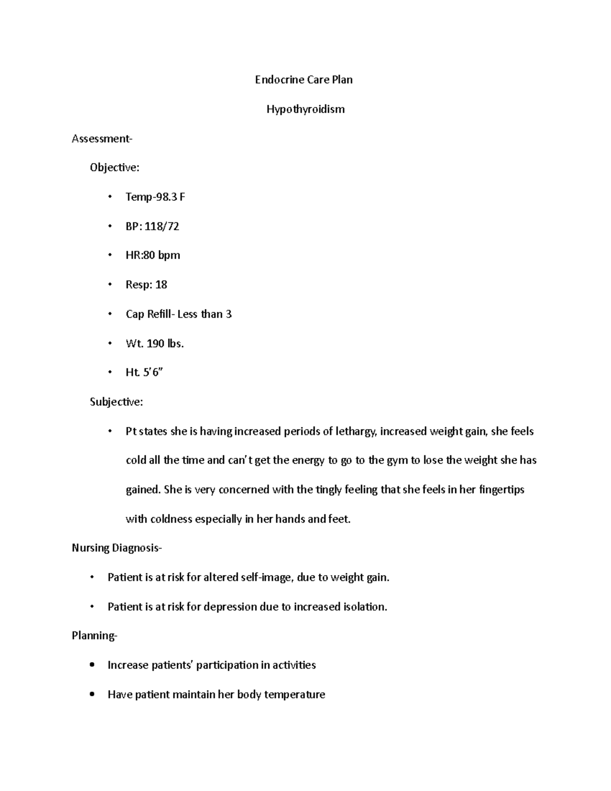 Endo Care Plan - Care plan - Endocrine Care Plan Hypothyroidism ...