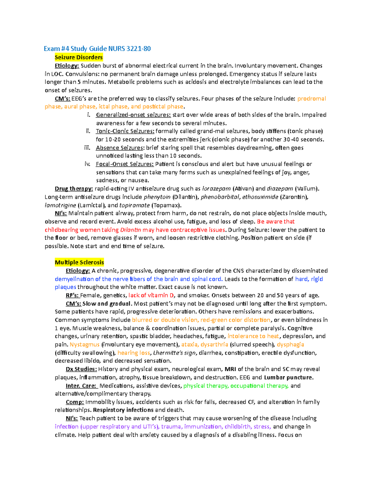Exam #4 SG - Help for course - Exam #4 Study Guide NURS 3221- Seizure ...
