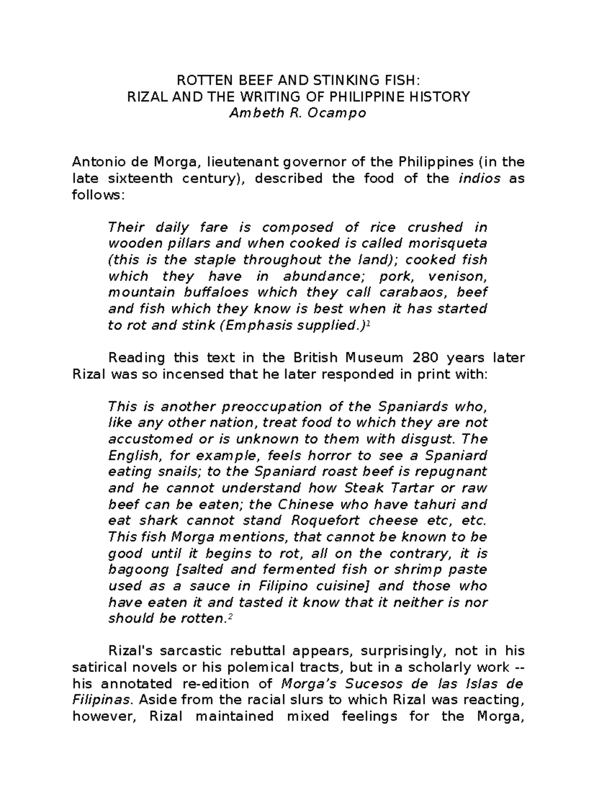Rotten BEEF AND Stinking FISH Rizal AND THE Writing OF Philippine ...