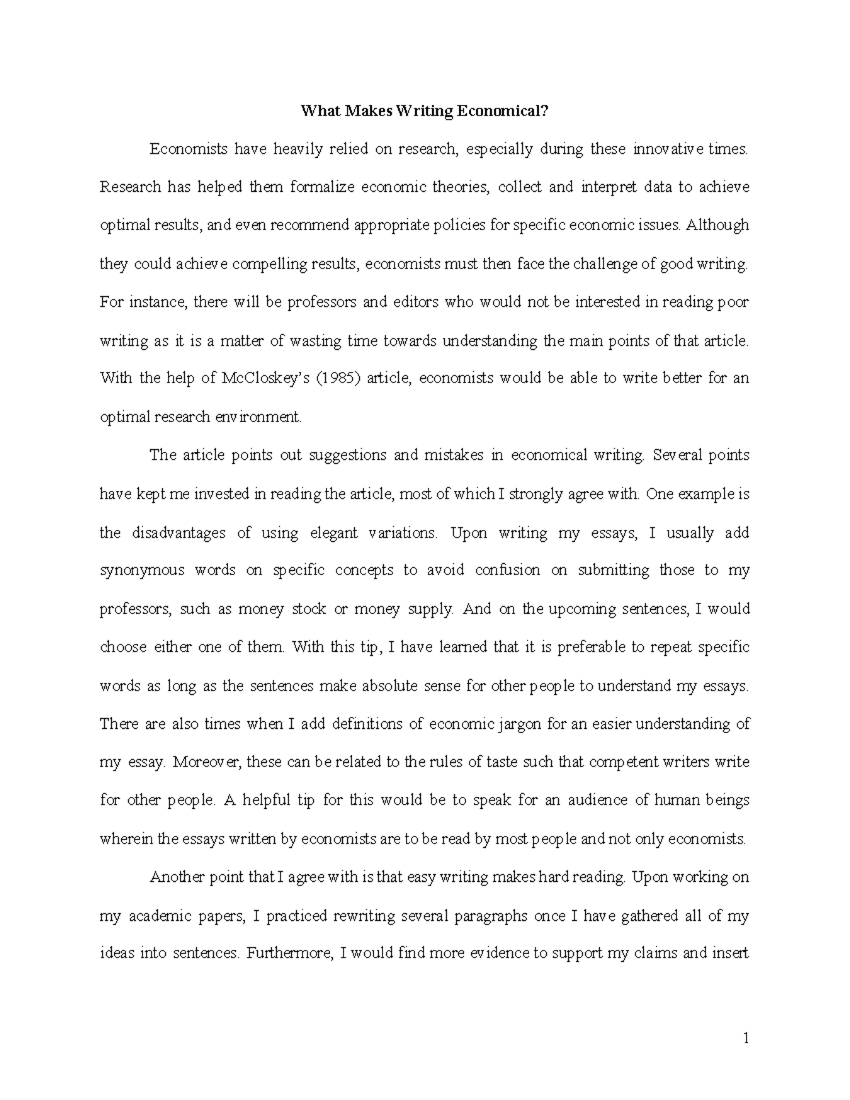 Mccloskey - What Makes Writing Economical - Economics - BCU - Studocu