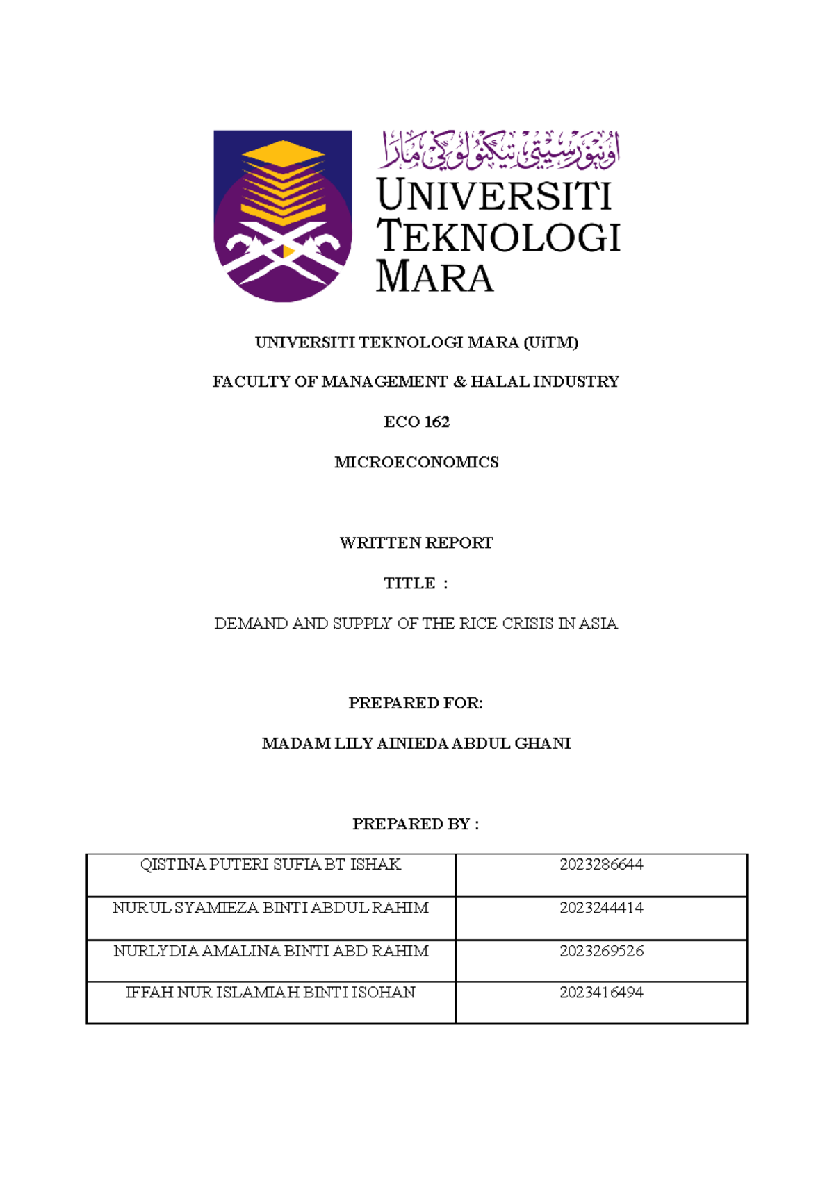 written report - UNIVERSITI TEKNOLOGI MARA (UiTM) FACULTY OF MANAGEMENT ...