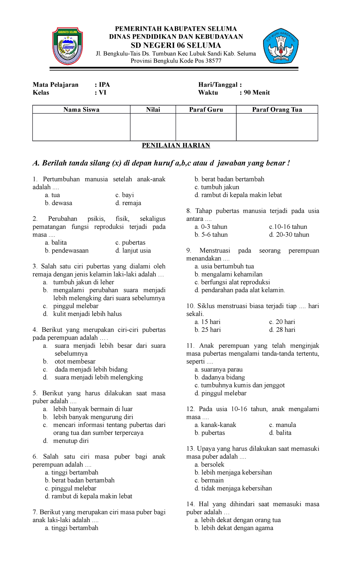 6A Soal IPA Pertumbuhan dan Perkembangan Manusia - PEMERINTAH KABUPATEN ...
