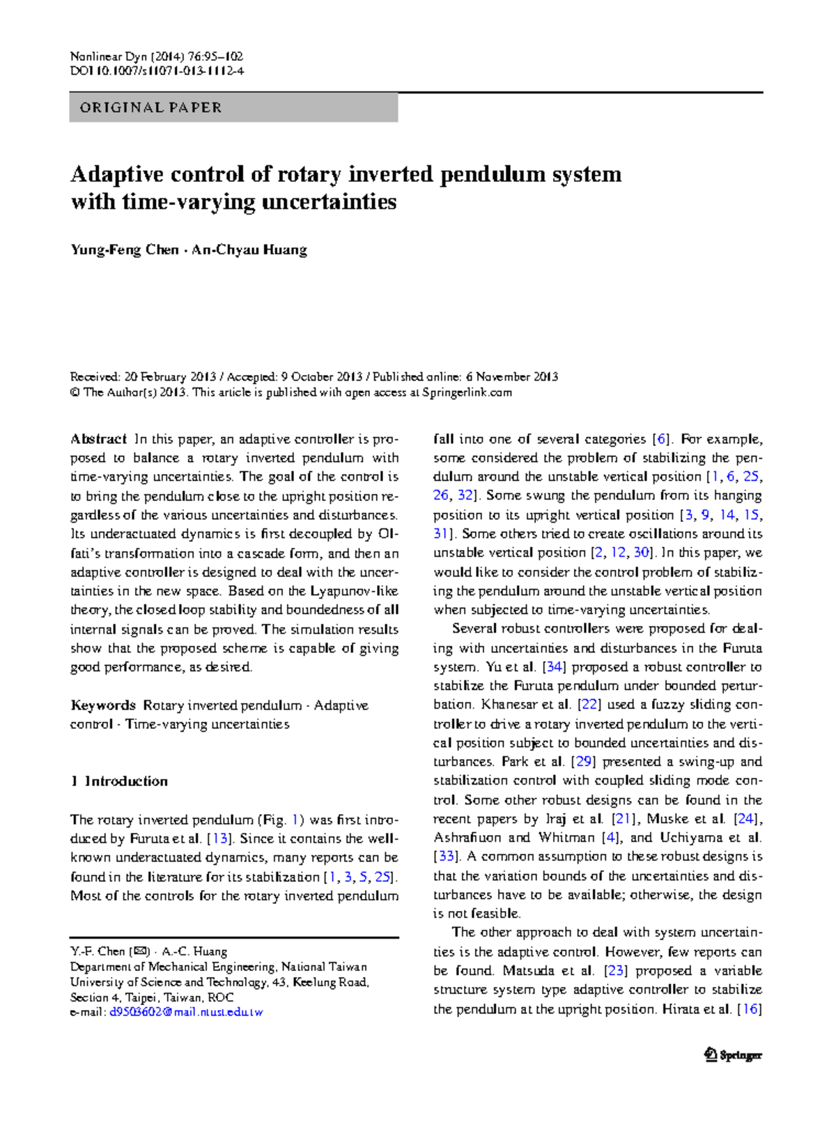 Adaptive control of rotary inverted pendulum system - This article is published with open access ...