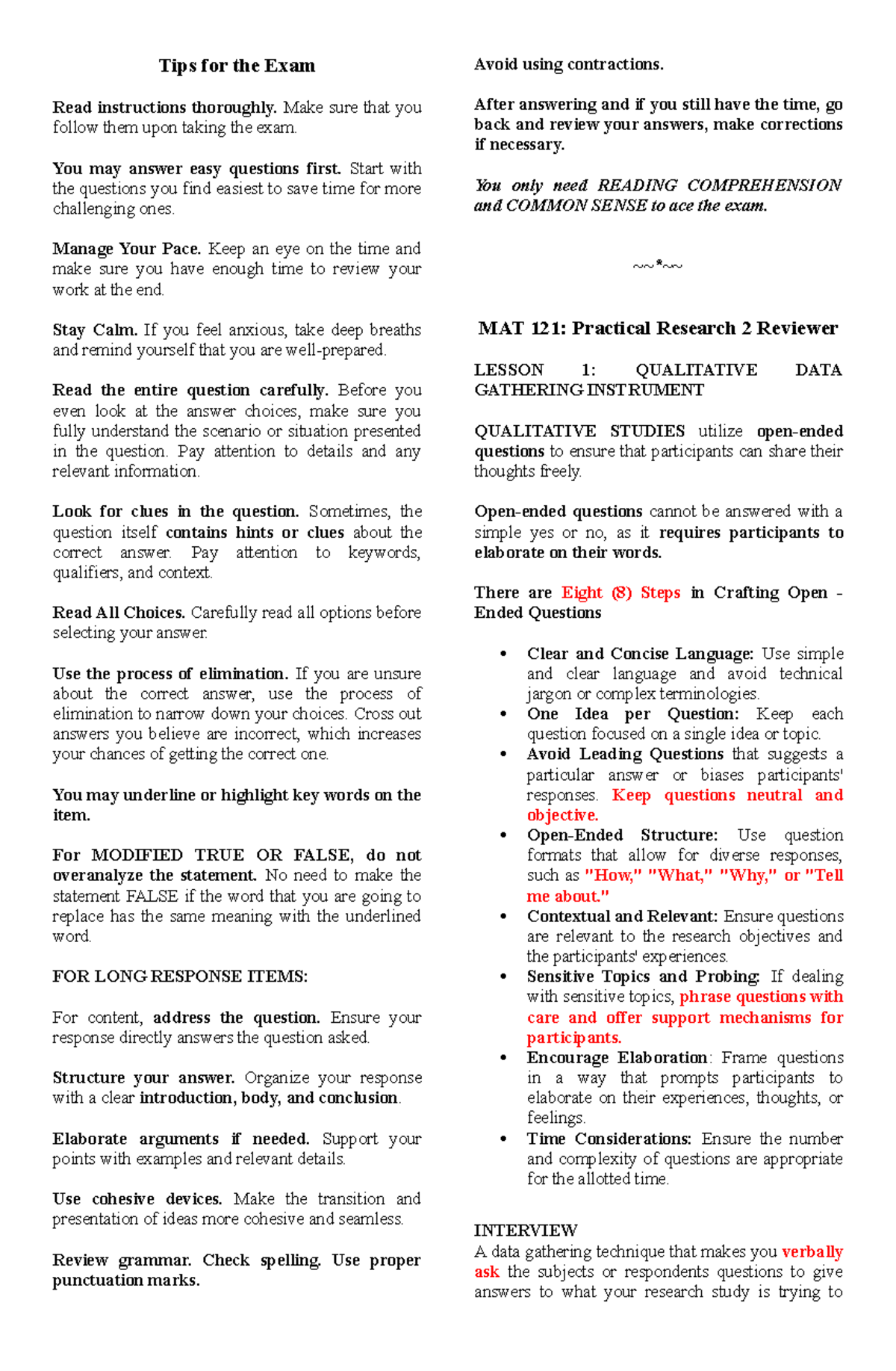 Research- Reviewer - Tips for the Exam Read instructions thoroughly ...