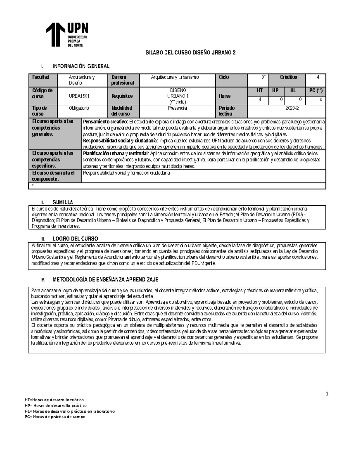 Silabo - 1 HT=Horas de desarrollo teÛrico HP= Horas de desarrollo pr·ctico HL= Horas de ...