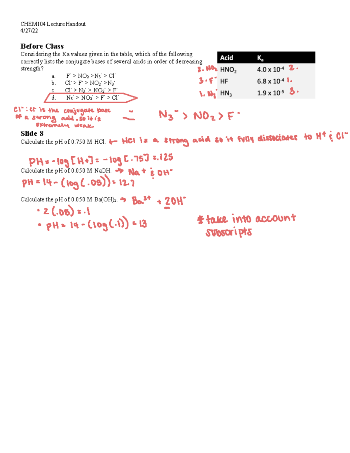 CHEM104 Lecture Practice Problems: Weak Acid and Bases - CHEM104 ...
