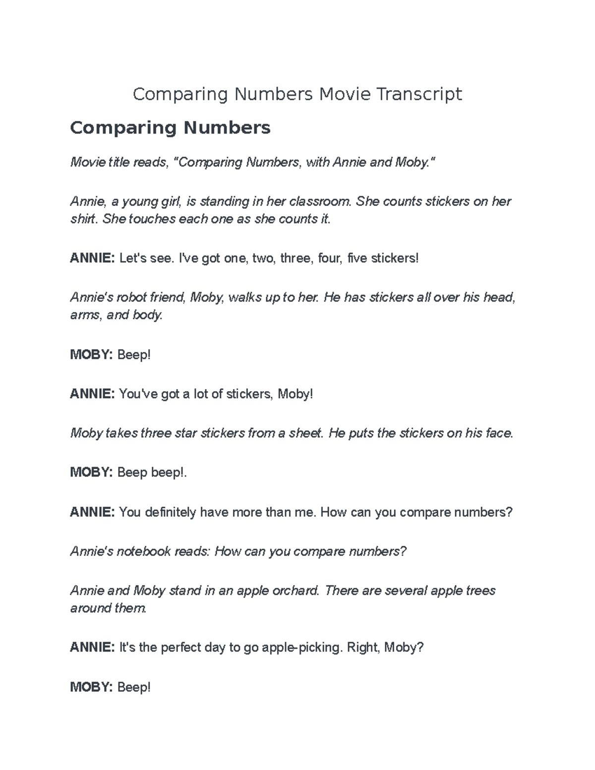 Comparing Numbers - hello - Comparing Numbers Movie Transcript ...