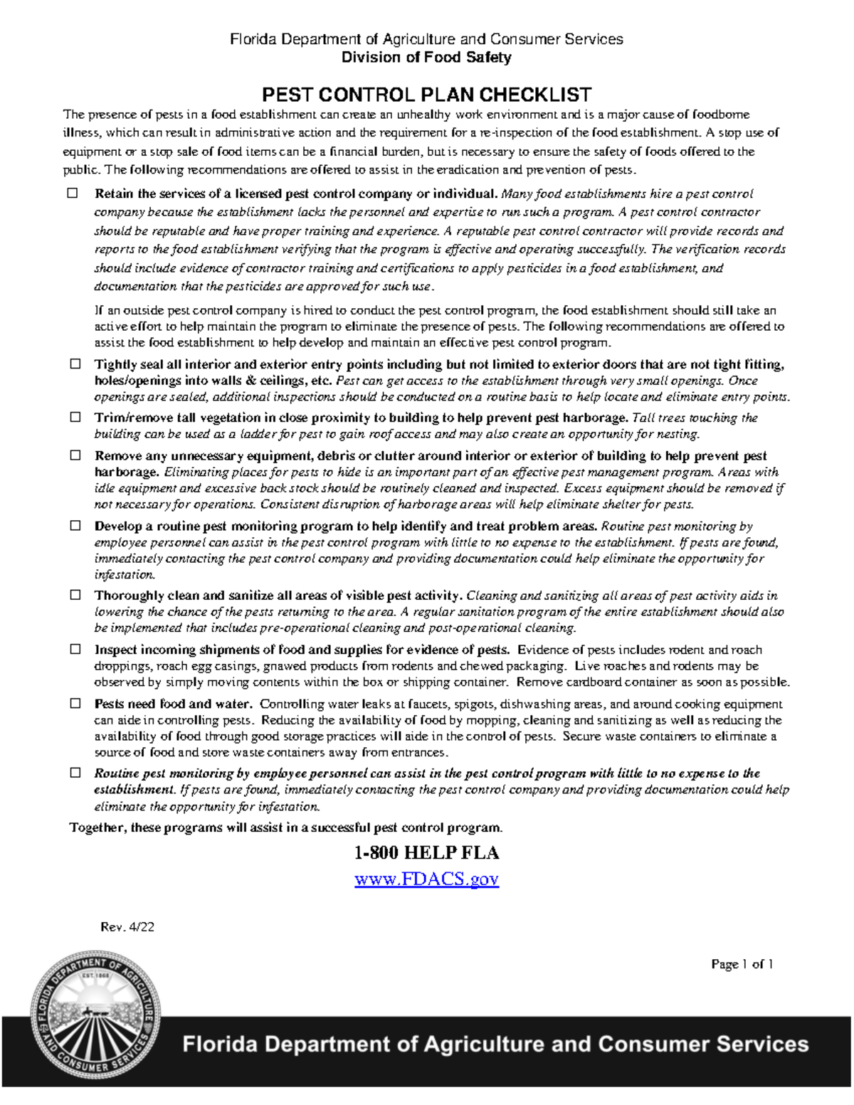 Pest control plan checklist - Florida Department of Agriculture and ...