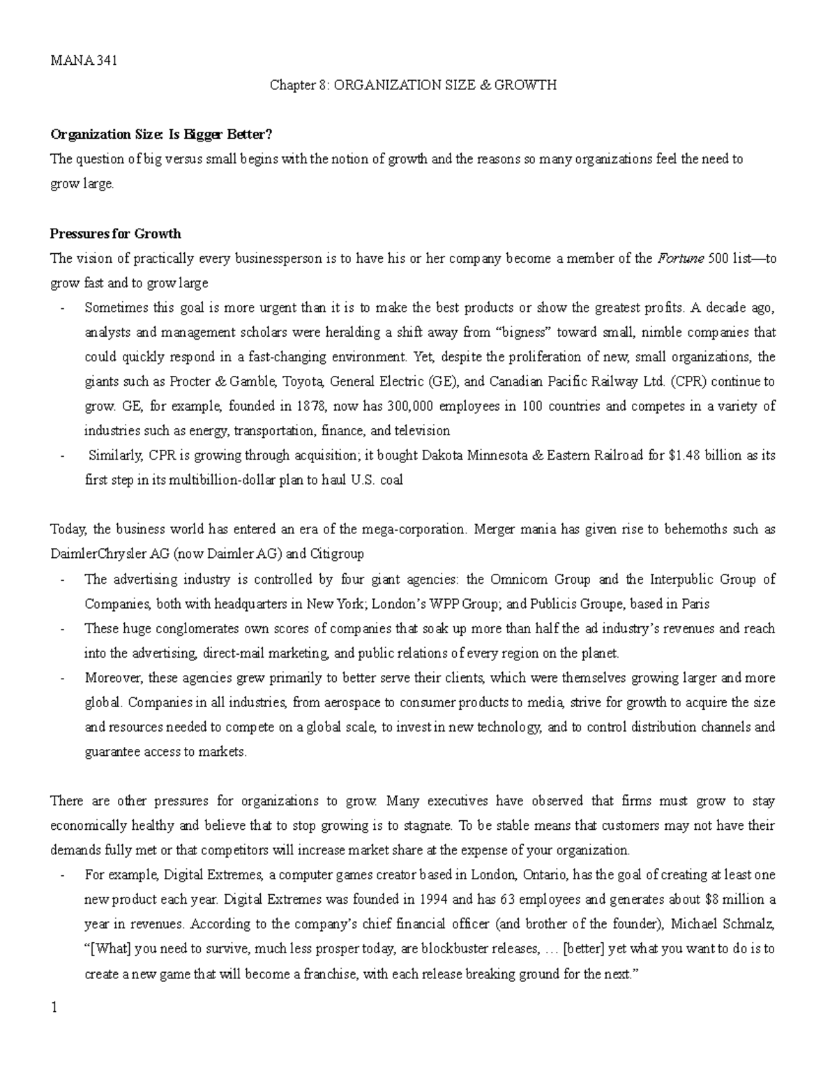 Chapter 8 Book - book notes - MANA 341 Chapter 8: ORGANIZATION SIZE ...