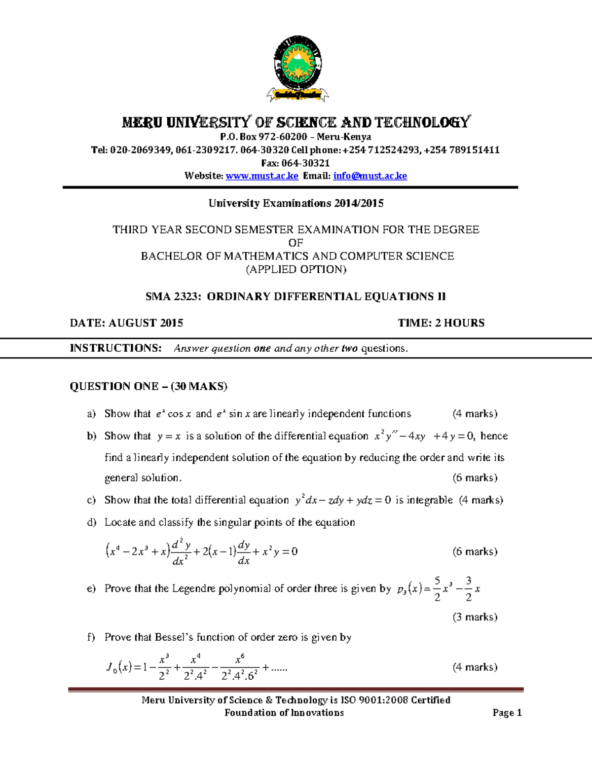 SMA 2323 Ordinary Differential Equations II - Meru University of ...