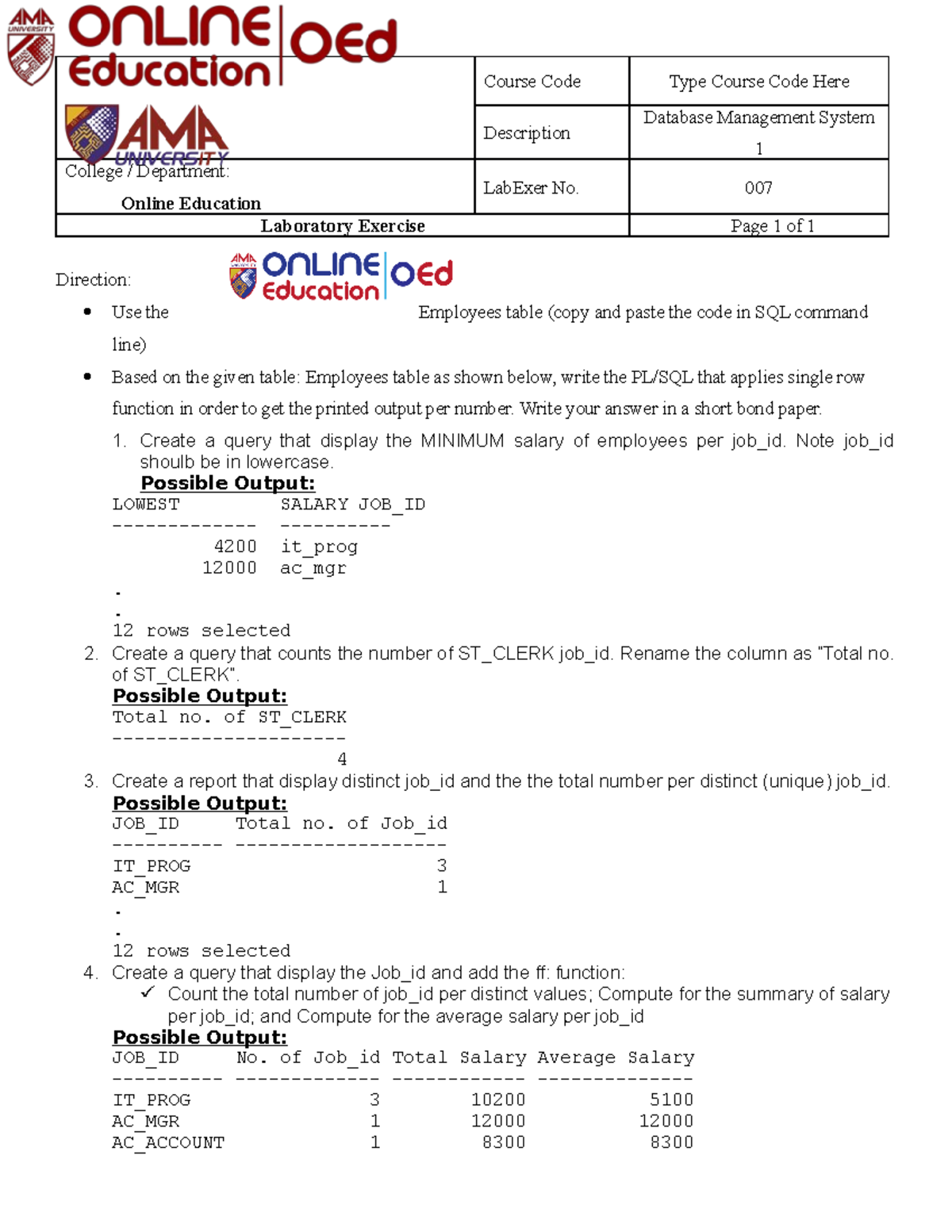 Laboratory Exercise 007 - Course Code Type Course Code Here Description ...