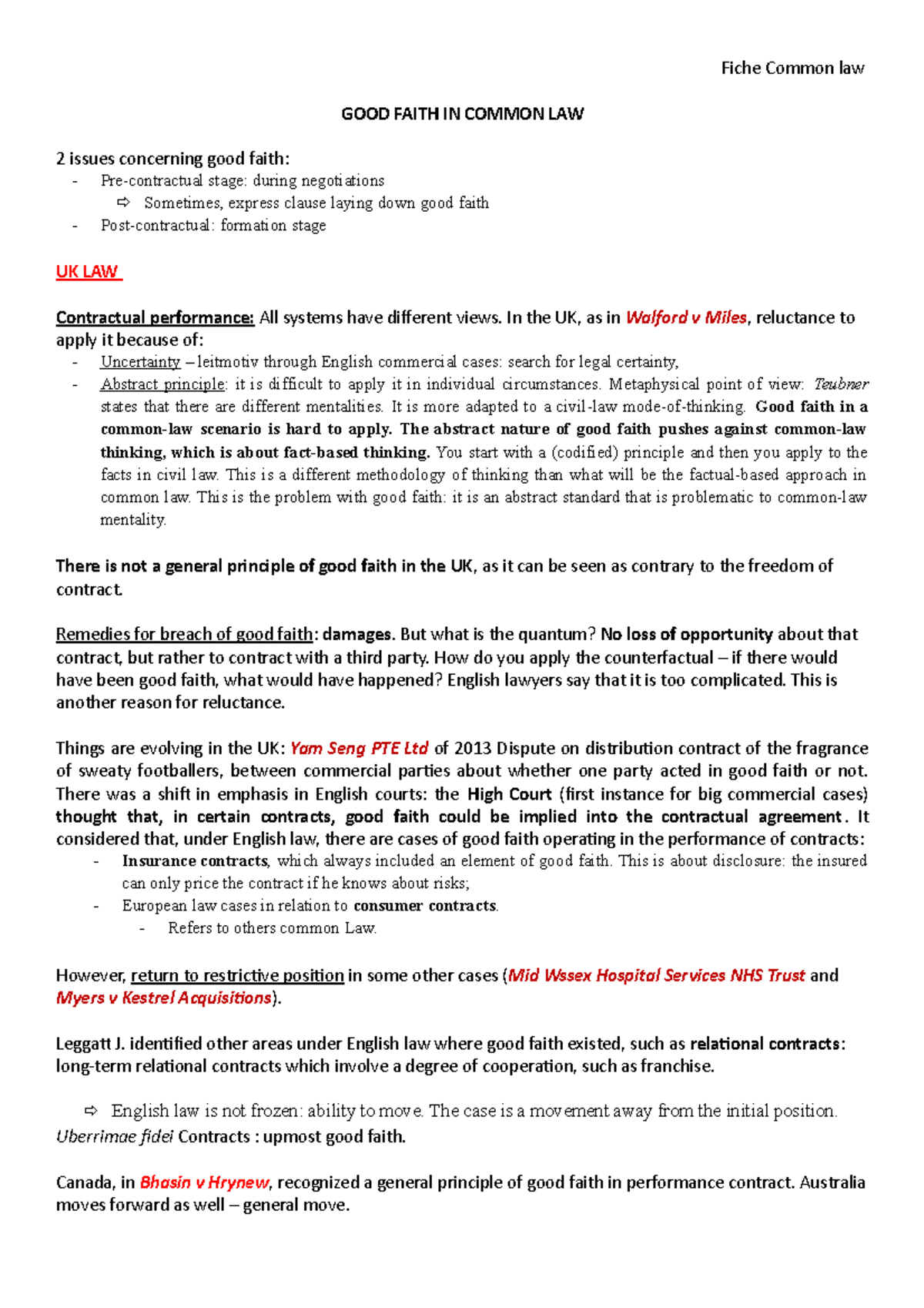 Fiche GOOD Faith - Fiche Common law GOOD FAITH IN COMMON LAW 2 issues ...