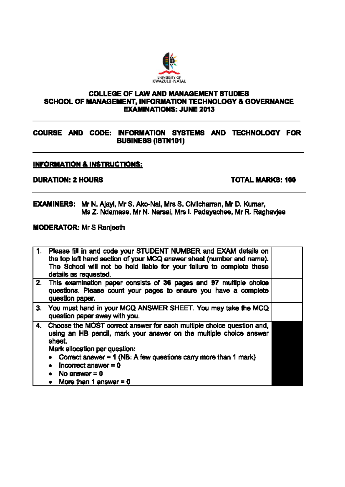 ISTN SI EXAM Practice - Practise material - UNIVERSITY OF COLLEGE OF LAW AND MANAGEMENT STUDIES ...