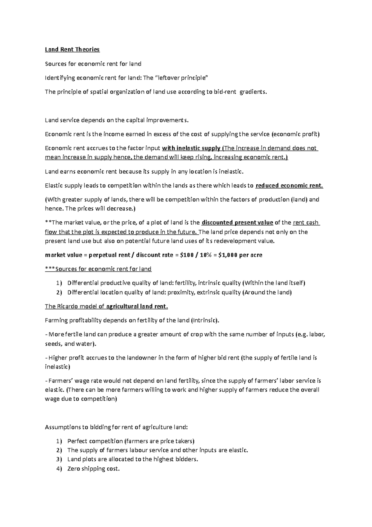 Econs notes part 2 - Land Rent Theories Sources for economic rent for ...