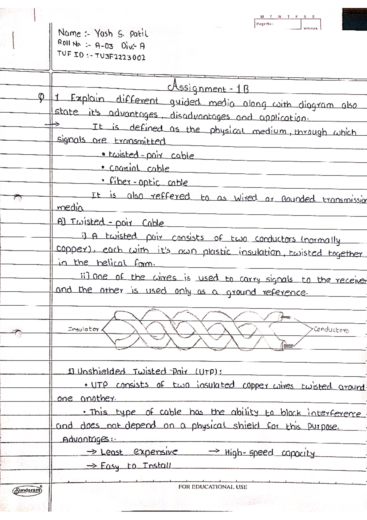 CN assignment 1-B - Assin - M T W T F S S Page No.: VOLIVA Name Yash S. patil Roll No. A TUF ...