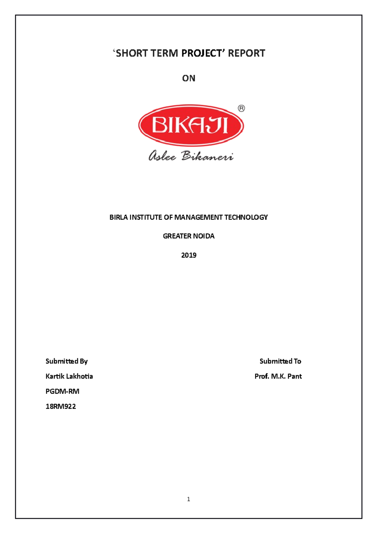 Short TERM Project - ‘ SHORT TERM PROJECT’ REPORT ON BIRLA INSTITUTE OF ...