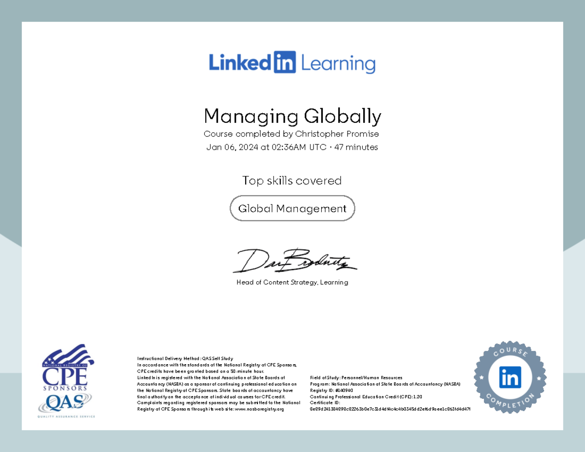 Certificate Of Completion Managing Globally - Managing Globally Course ...