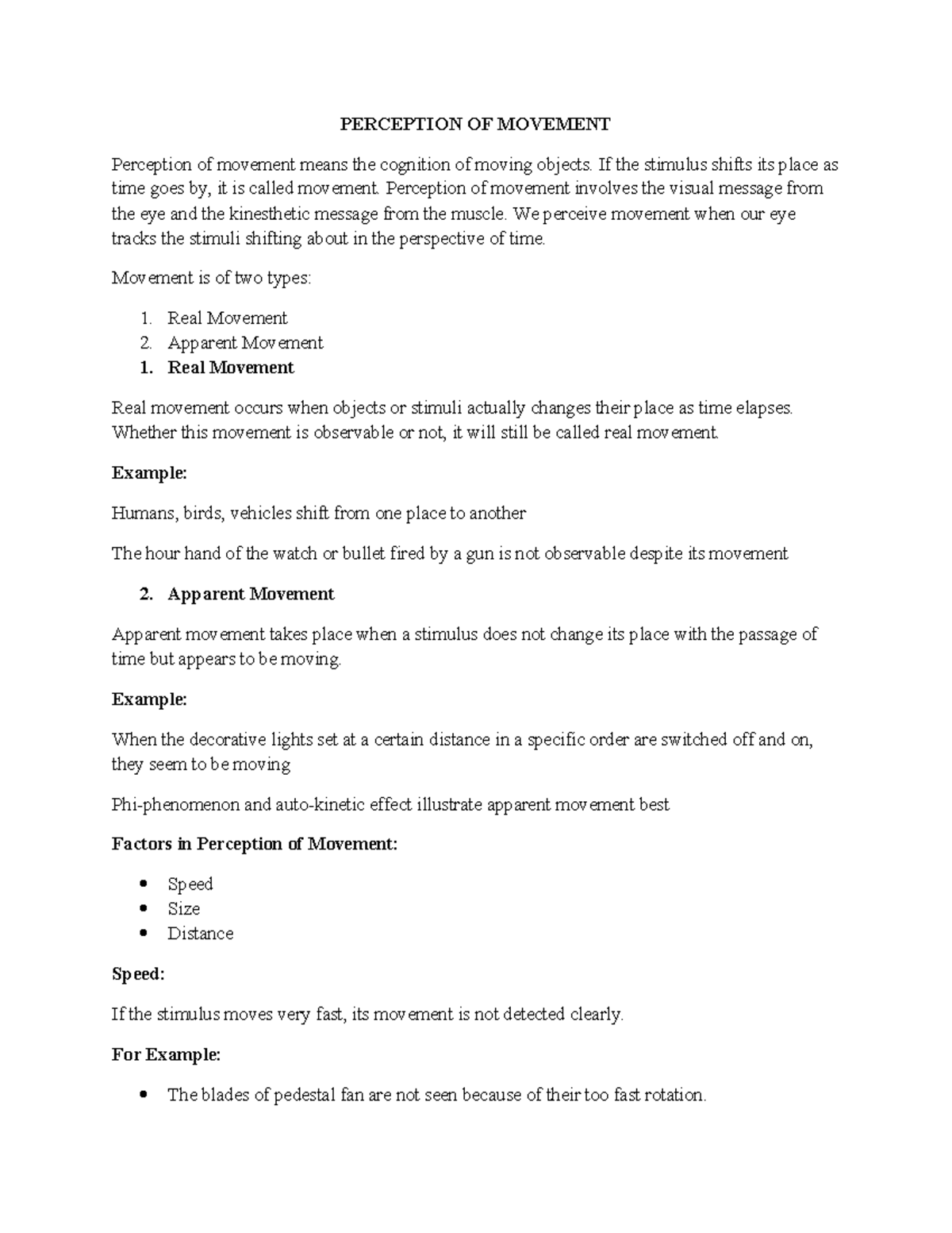 Perception of Movement - PERCEPTION OF MOVEMENT Perception of movement means the cognition of ...