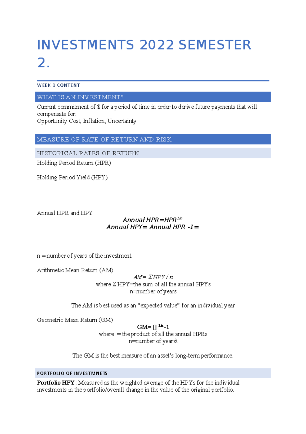 Investments 2022 Semester 2 - INVESTMENTS 2022 SEMESTER 2. WEEK 1 ...
