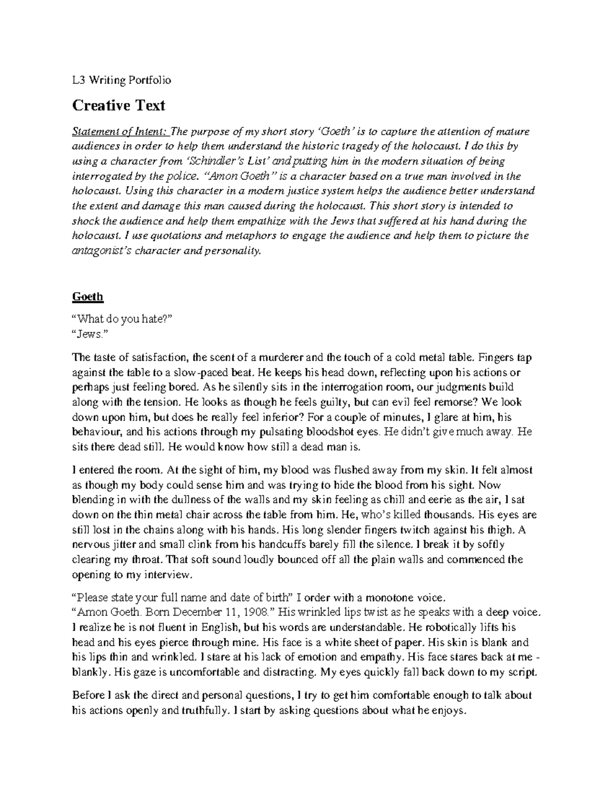 L3 Writing Portfolios - Internal worth 6 credits. Four pieces of poetry ...