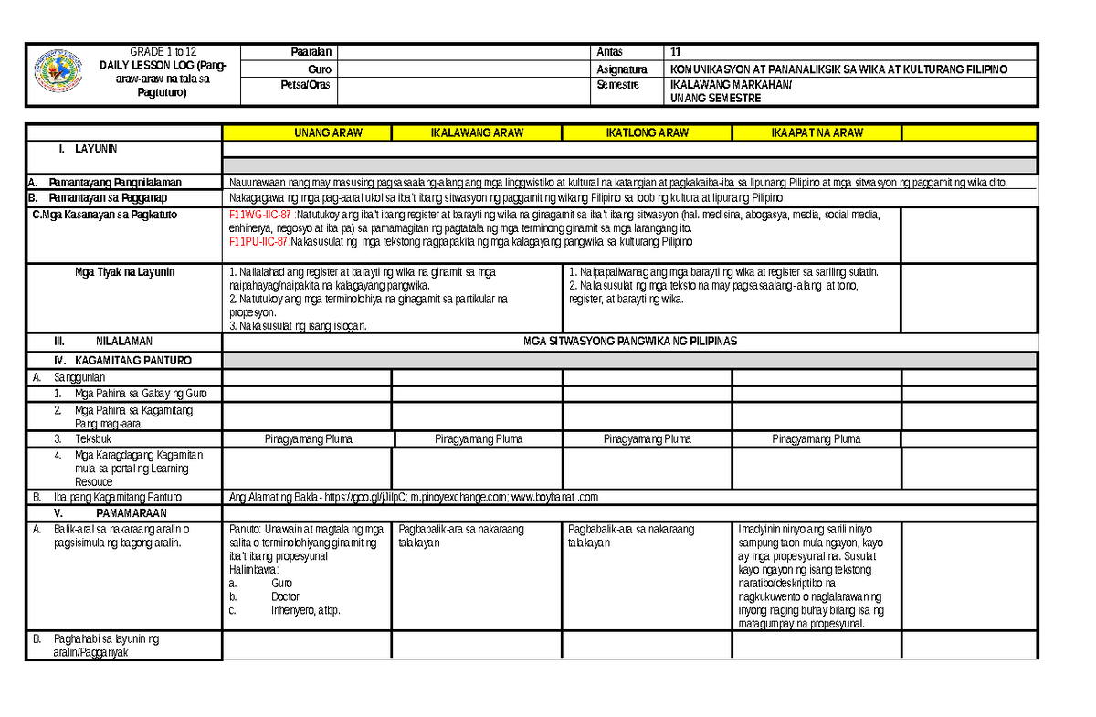 WEEK 3 - lesson plan - GRADE 1 to 12 DAILY LESSON LOG (Pang- araw-araw ...