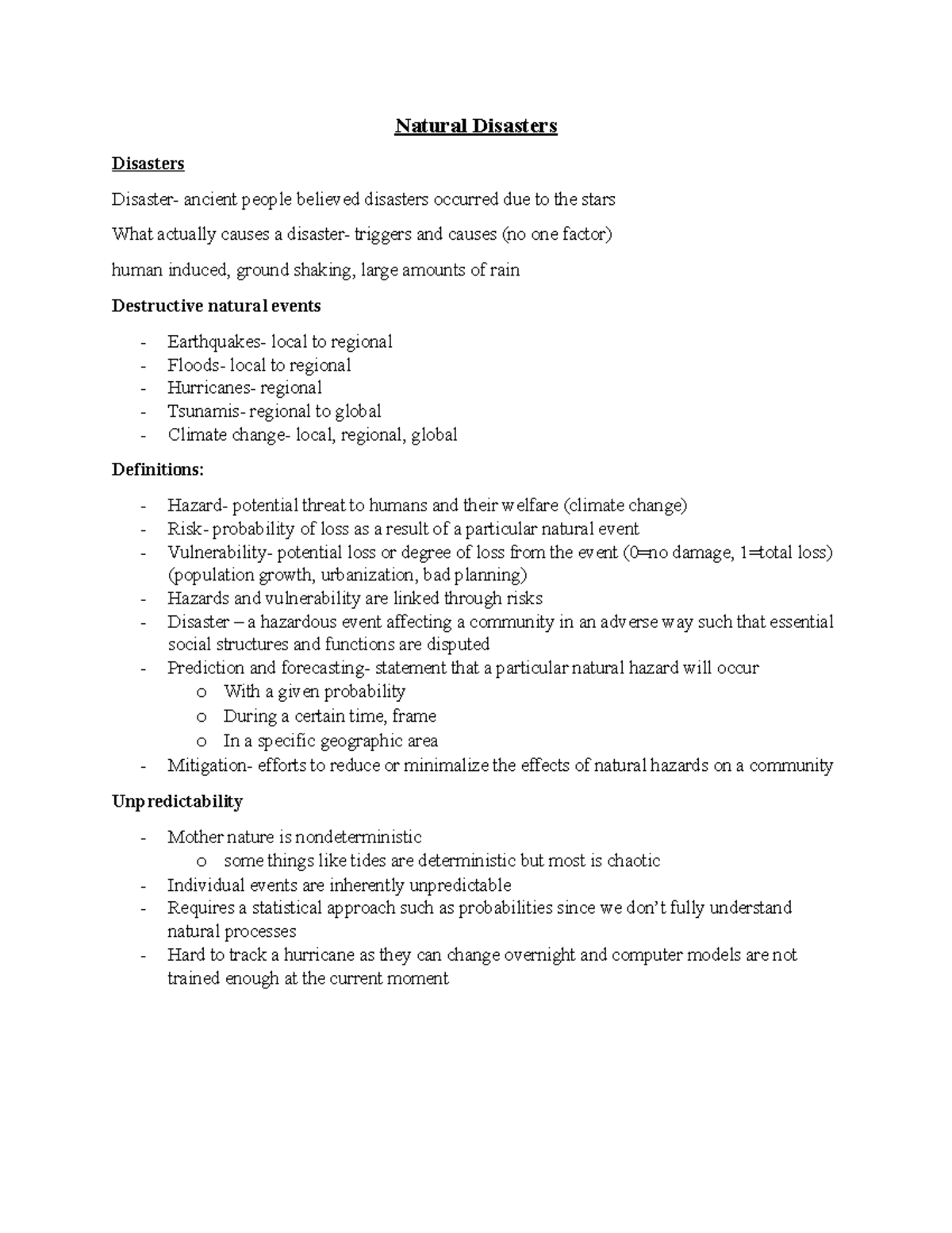 Course notes - Natural Disasters Disasters Disaster- ancient people ...