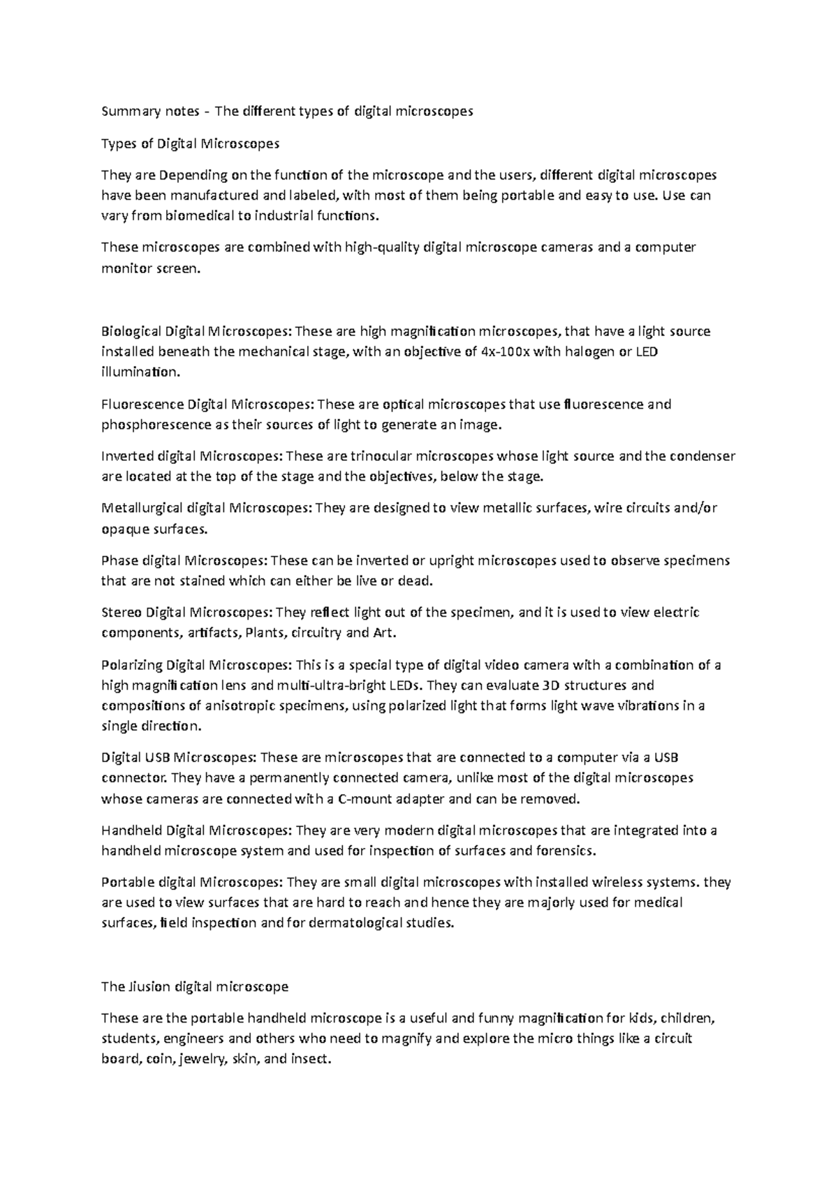 Summary notes - The different types of digital microscopes - Use can ...