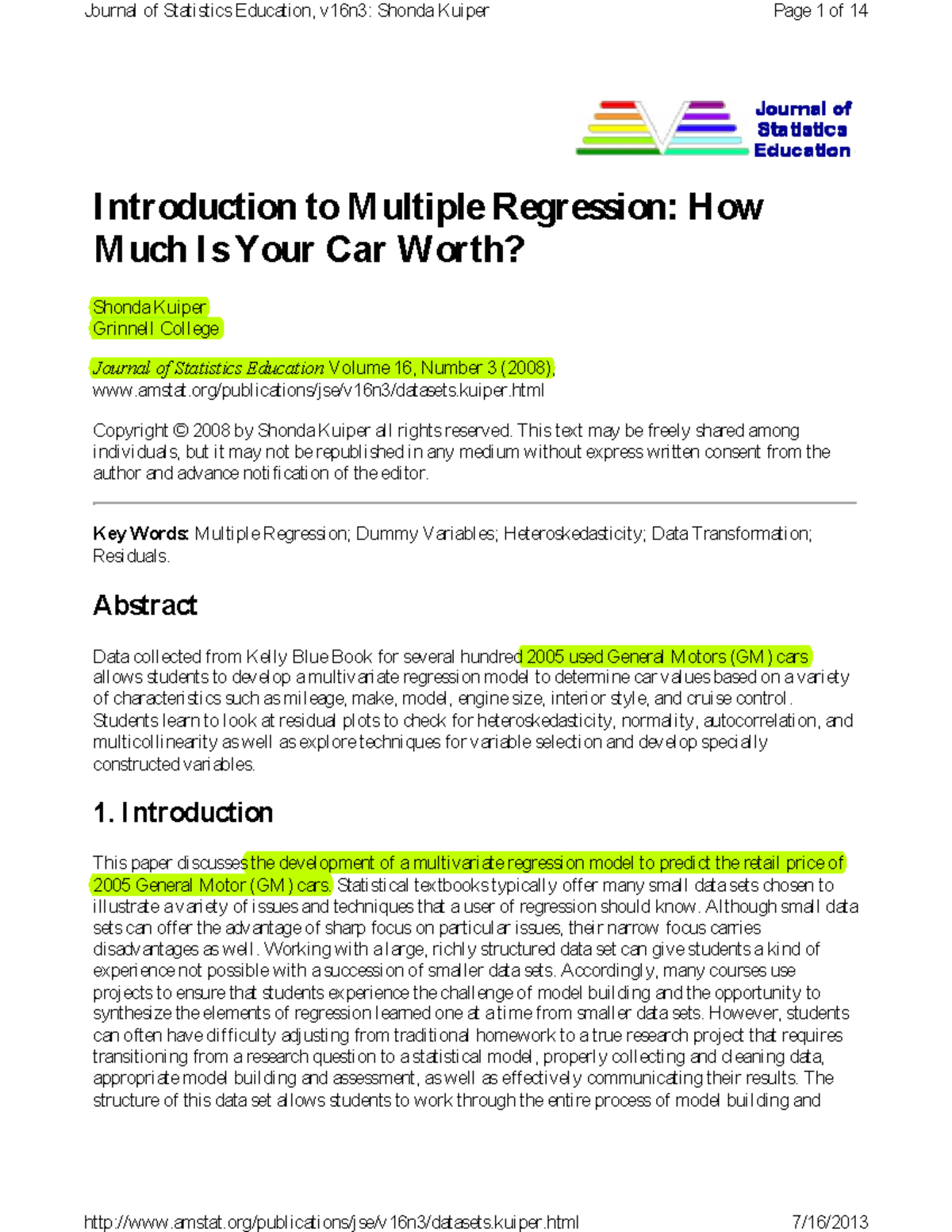 Kuiper Shonda Introduction to Multiple Regression How Much is Your Car ...