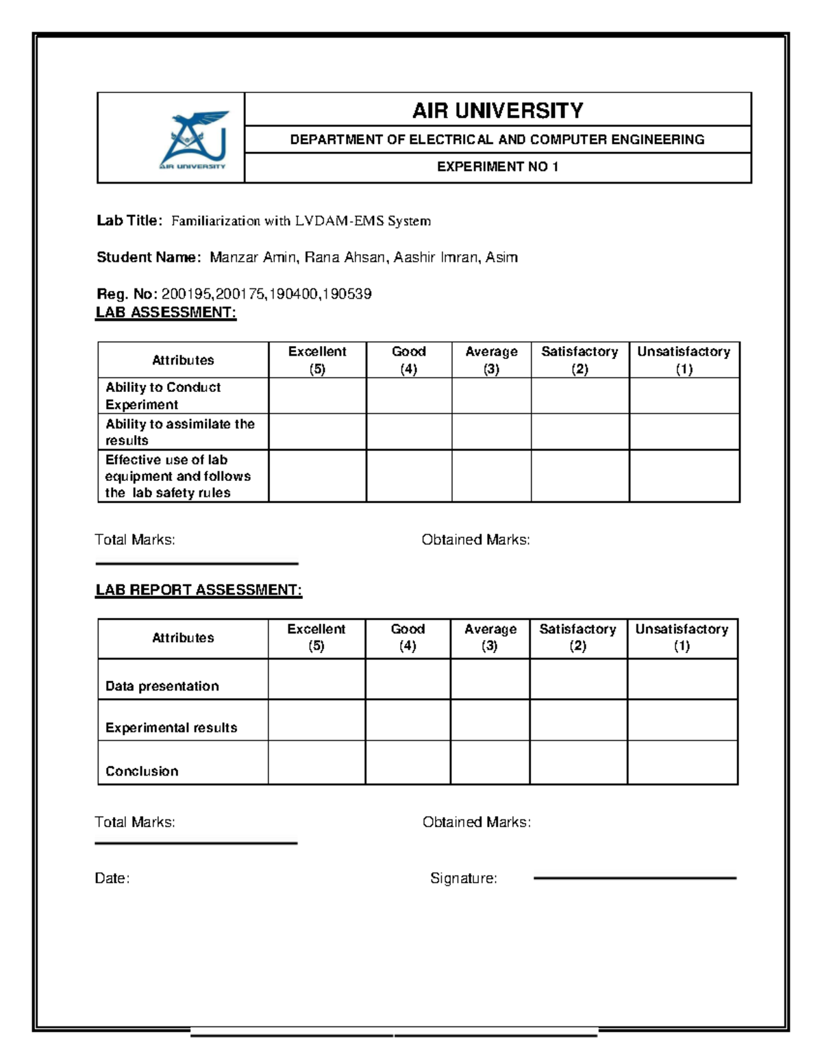 Experiment 01 EM LAB - AIR UNIVERSITY DEPARTMENT OF ELECTRICAL AND ...