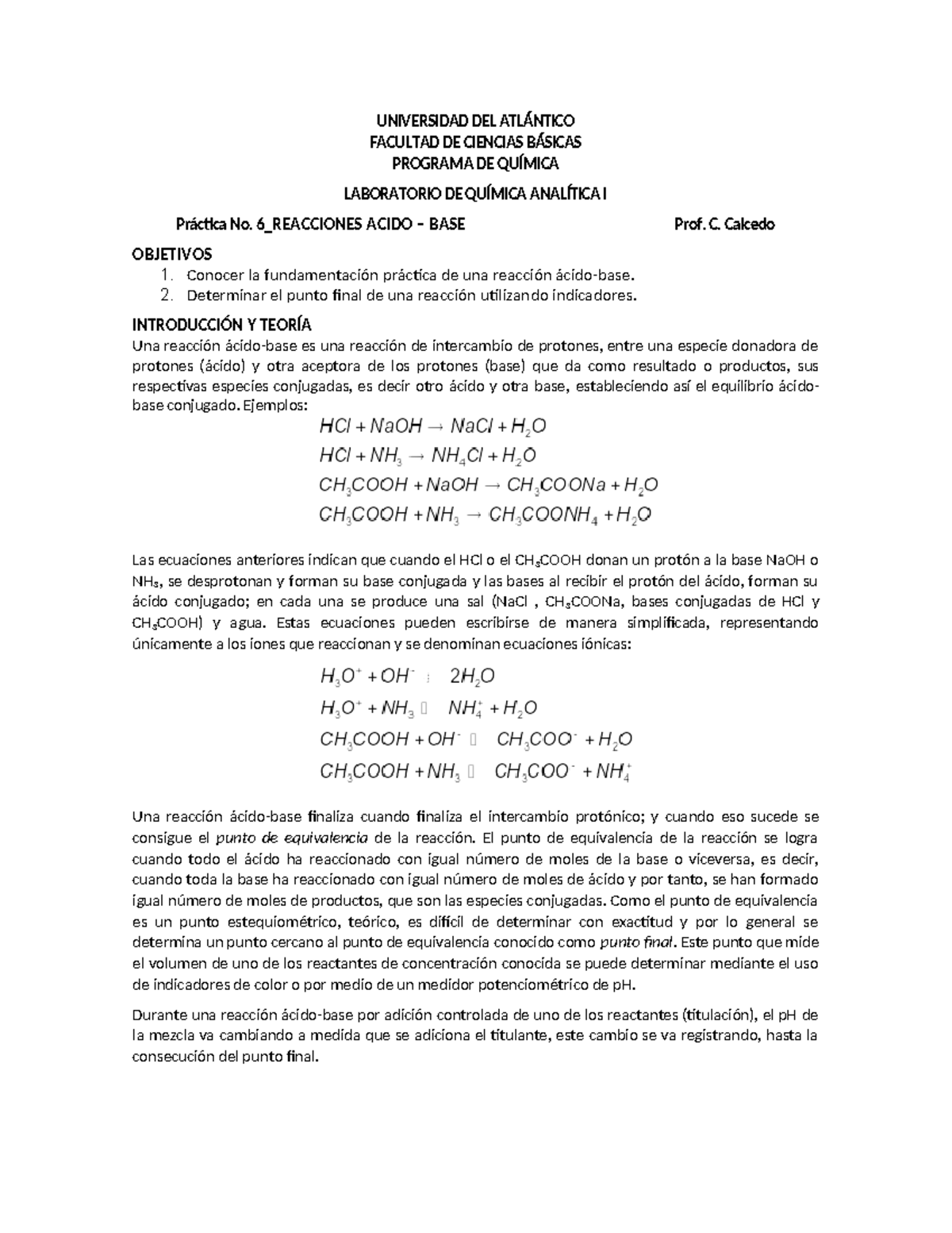 Reacciones Àcido-BASE - UNIVERSIDAD DEL ATLÁNTICO FACULTAD DE CIENCIAS ...