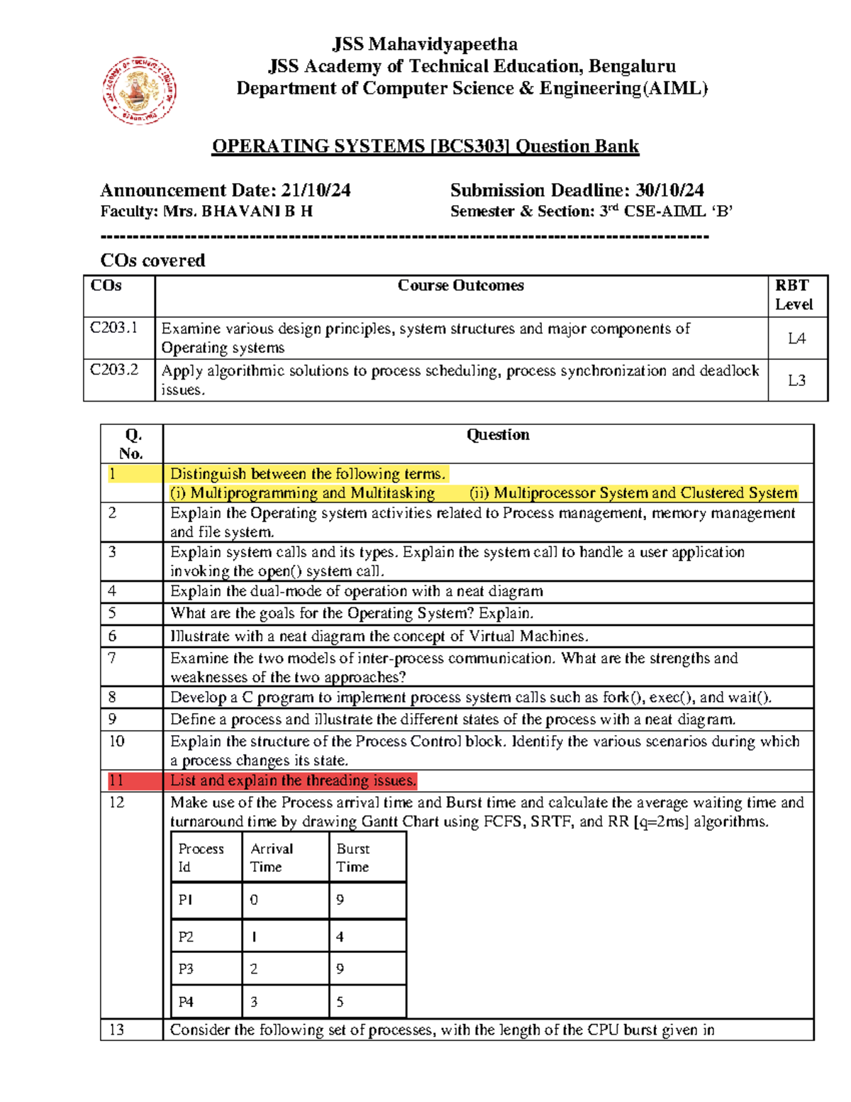 Os practice questions - JSS Mahavidyapeetha JSS Academy of Technical ...