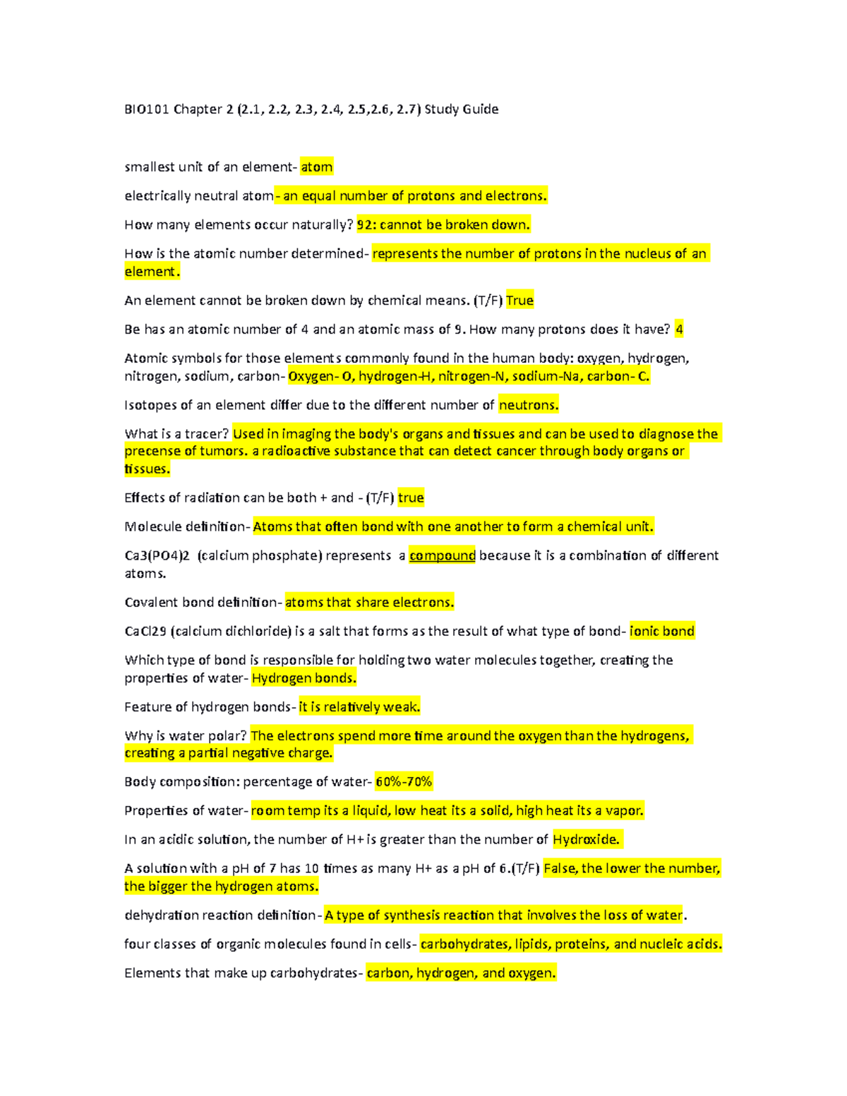BIO101 Chapter 2 Study Guide-1 - BIO101 Chapter 2 (2, 2, 2, 2, 2,2, 2 ...