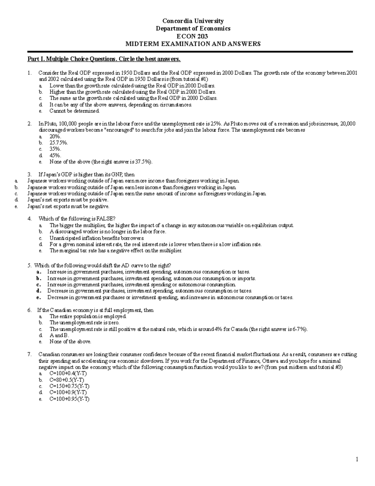 372318143 203 Sample Midterm 1 Concordia University Department Of Economics Econ 203 Midterm 