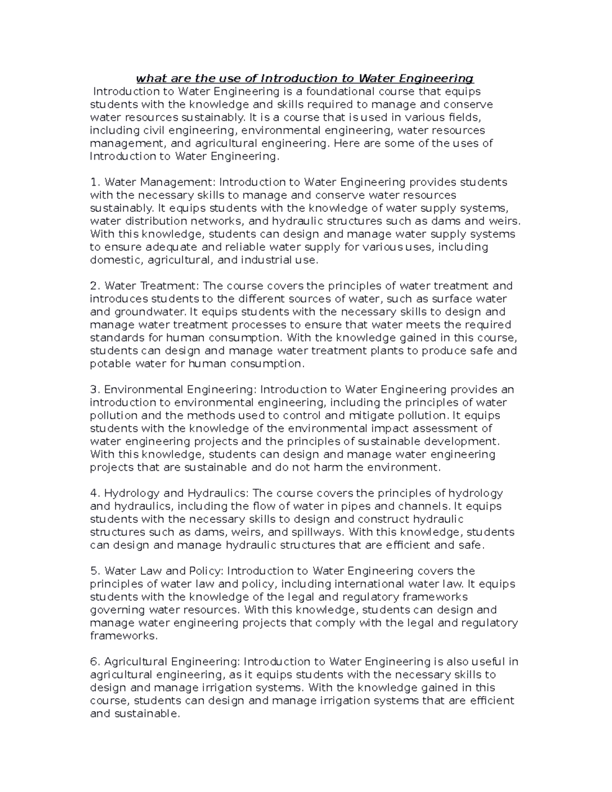 What are the use of Introduction to Water Engineering - what are the ...