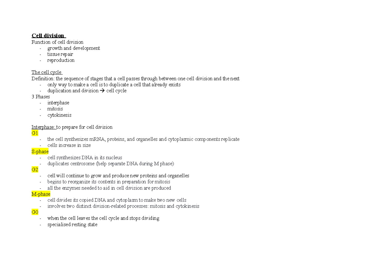 8. Cell division - summary - Cell division Function of cell division ...