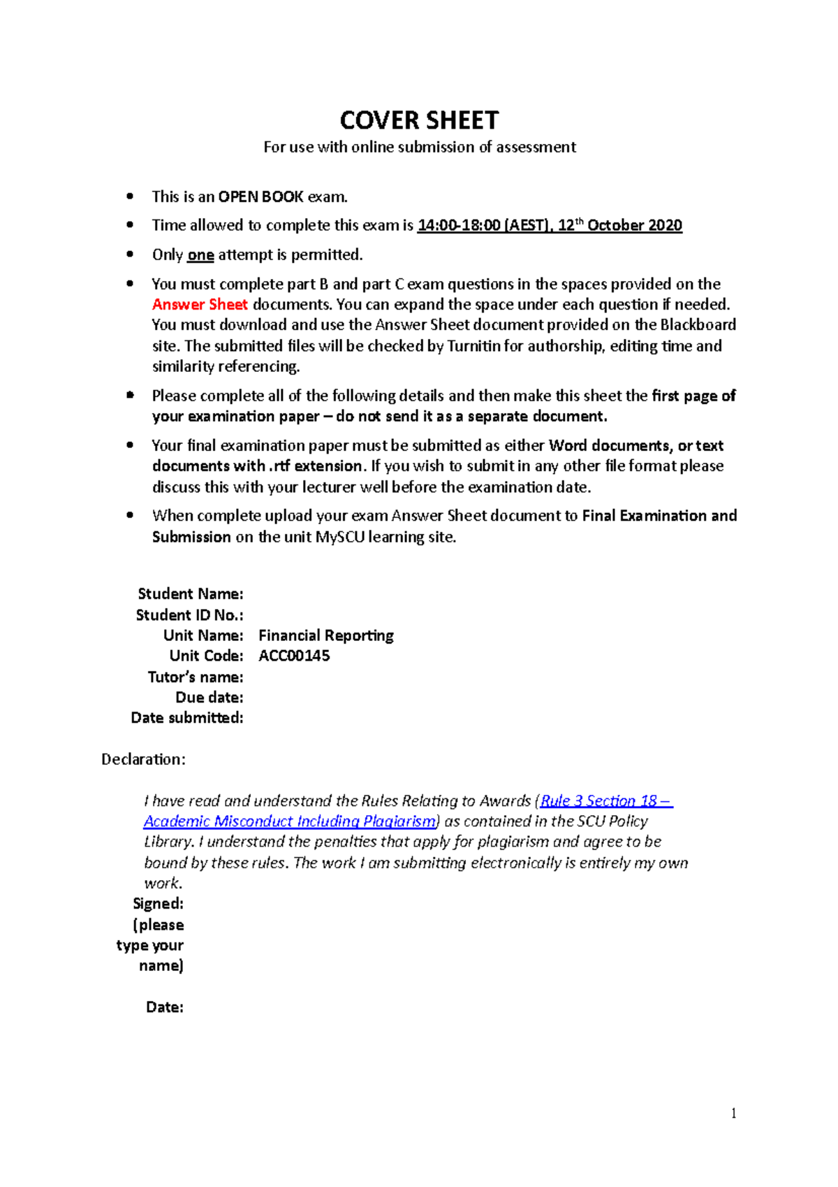 Answer Sheet Parts B & C ACC00145 final exam - COVER SHEET For use with ...