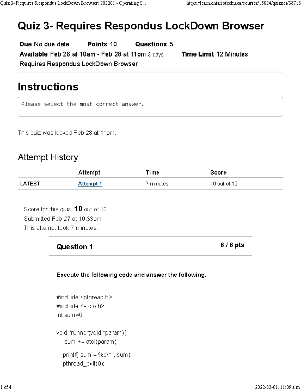 Operating System Quiz 3 - Quiz 3- Requires Respondus LockDown Browser ...