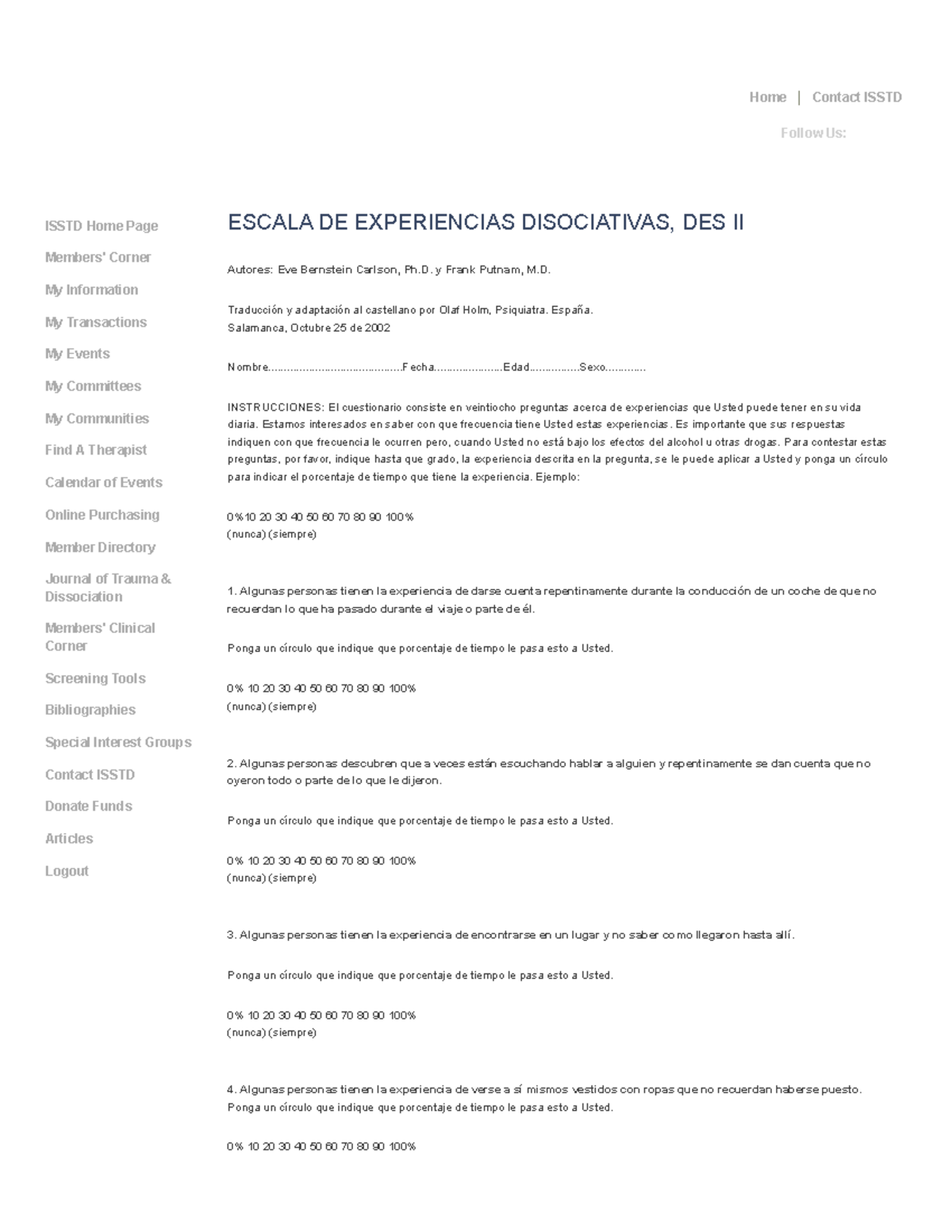 DES II - Escala DES - ISSTD Home Page Members' Corner My Information My ...