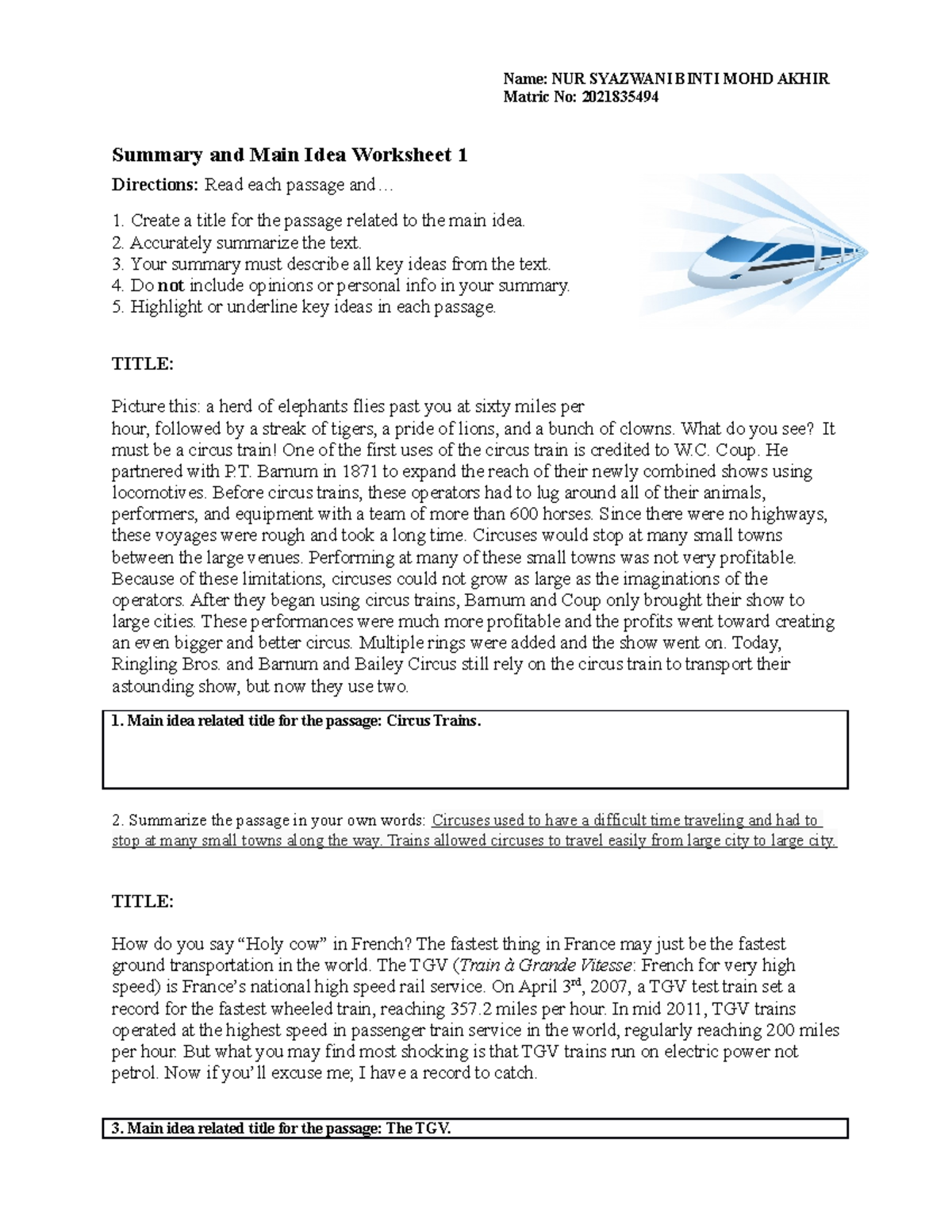 Main Idea & Summary Practice 1 - Name: NUR SYAZWANI BINTI MOHD AKHIR ...