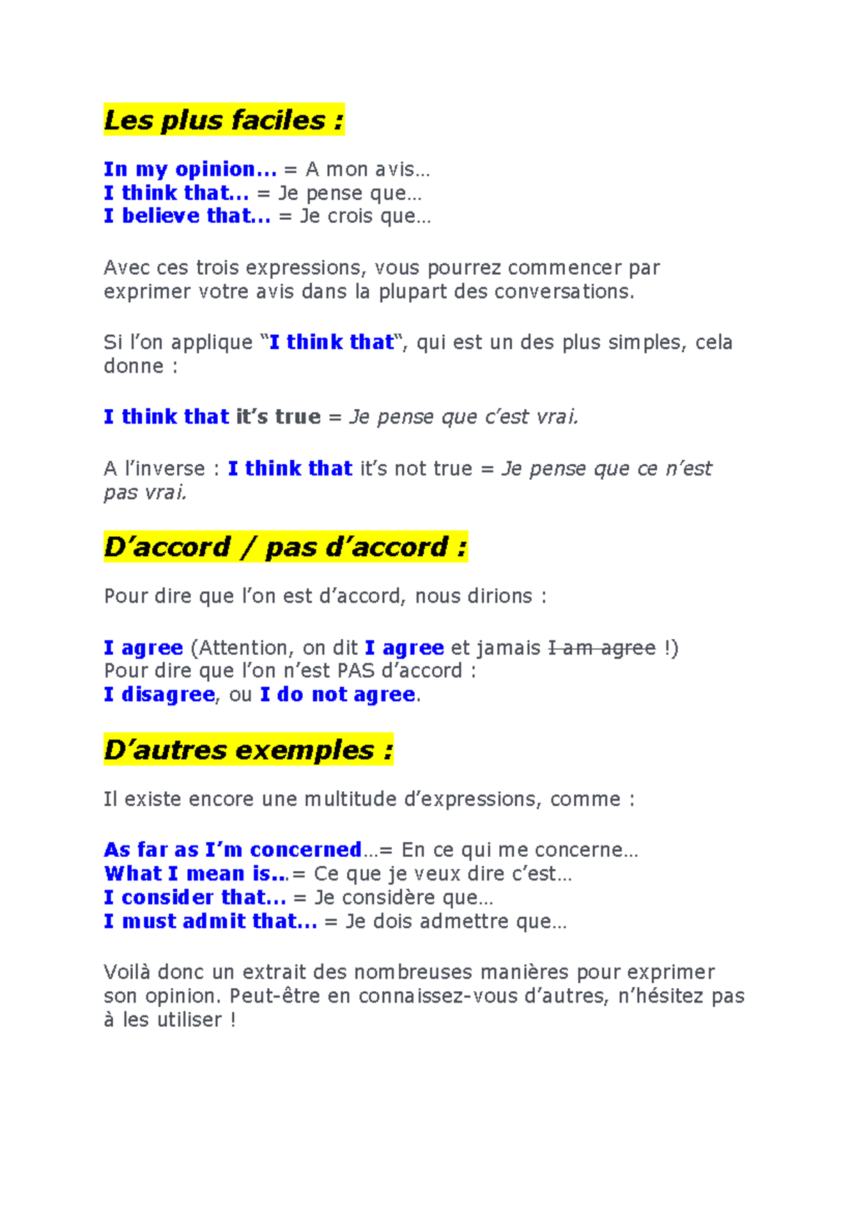 Exprimer SON Opinion EN Anglais ( Traduction-EN Francais) - Les plus ...