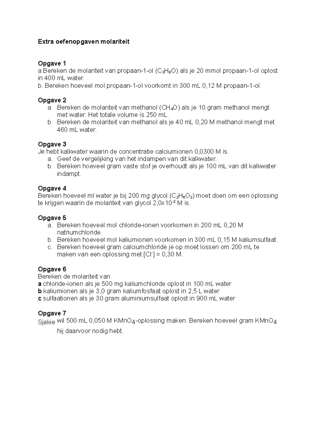 Extra oefenopgaven molariteit voor rekentoets - Extra oefenopgaven ...