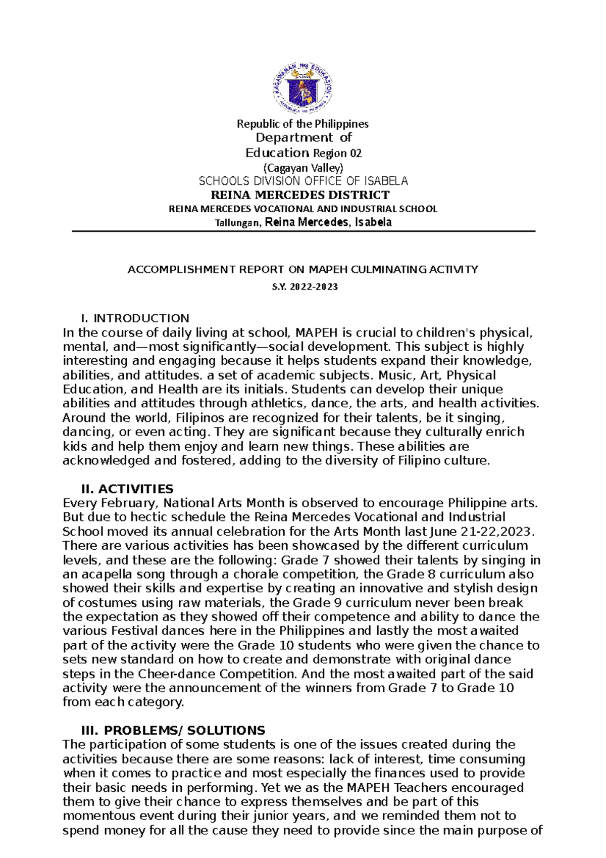 Mapeh Culminating Accomplishment Report - Republic of the Philippines ...
