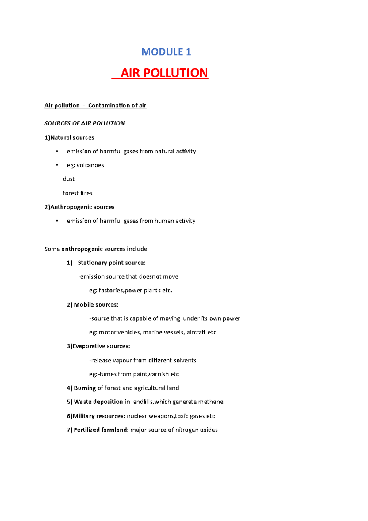 AIR Pollution - MODULE 1 AIR POLLUTION Air pollution - Contamination of ...
