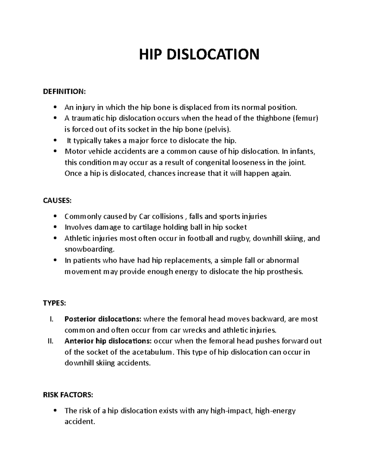 HIP Dislocation - HIP DISLOCATION DEFINITION: An injury in which the ...