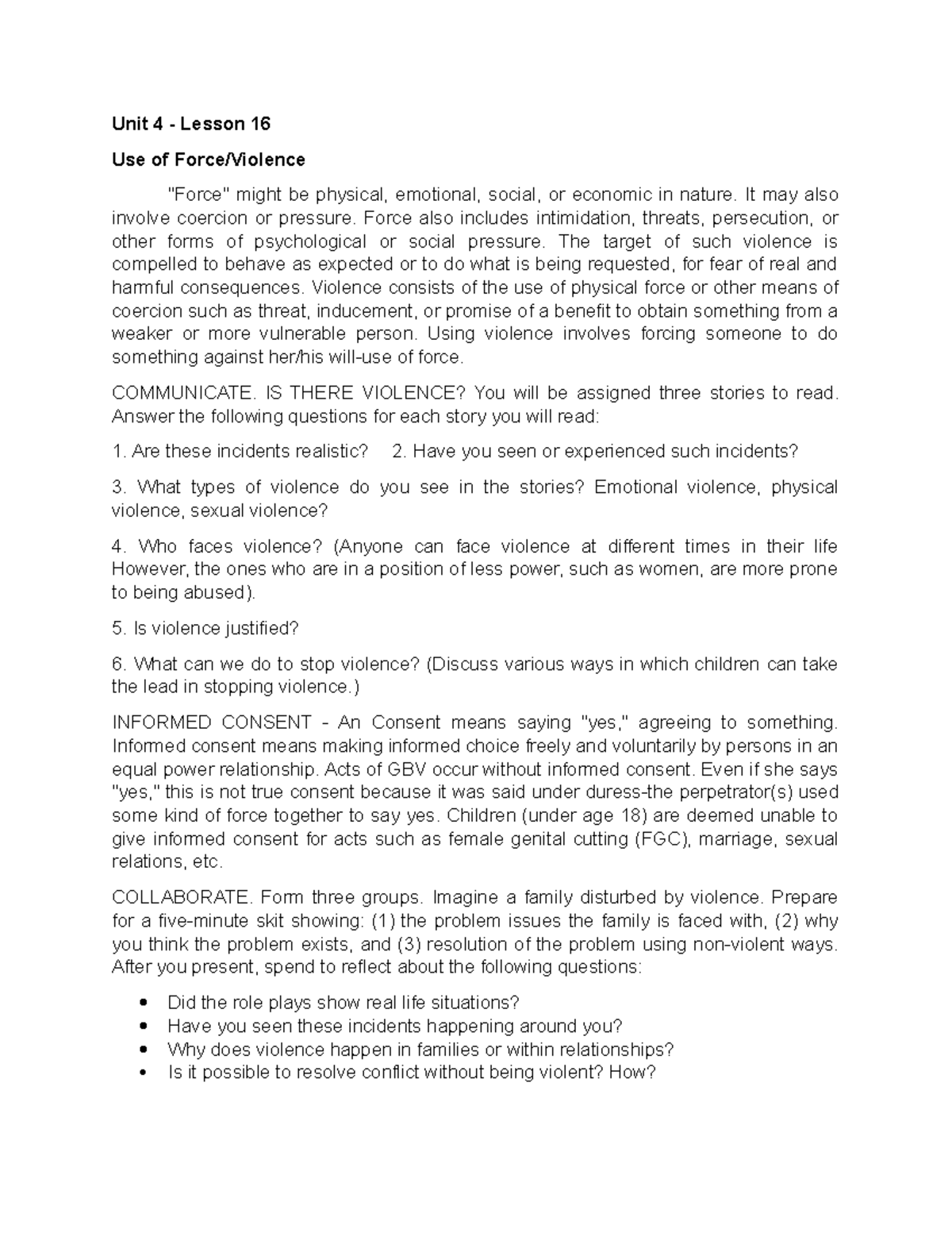 Use of Force or Violence - Unit 4 - Lesson 16 Use of Force/Violence ...