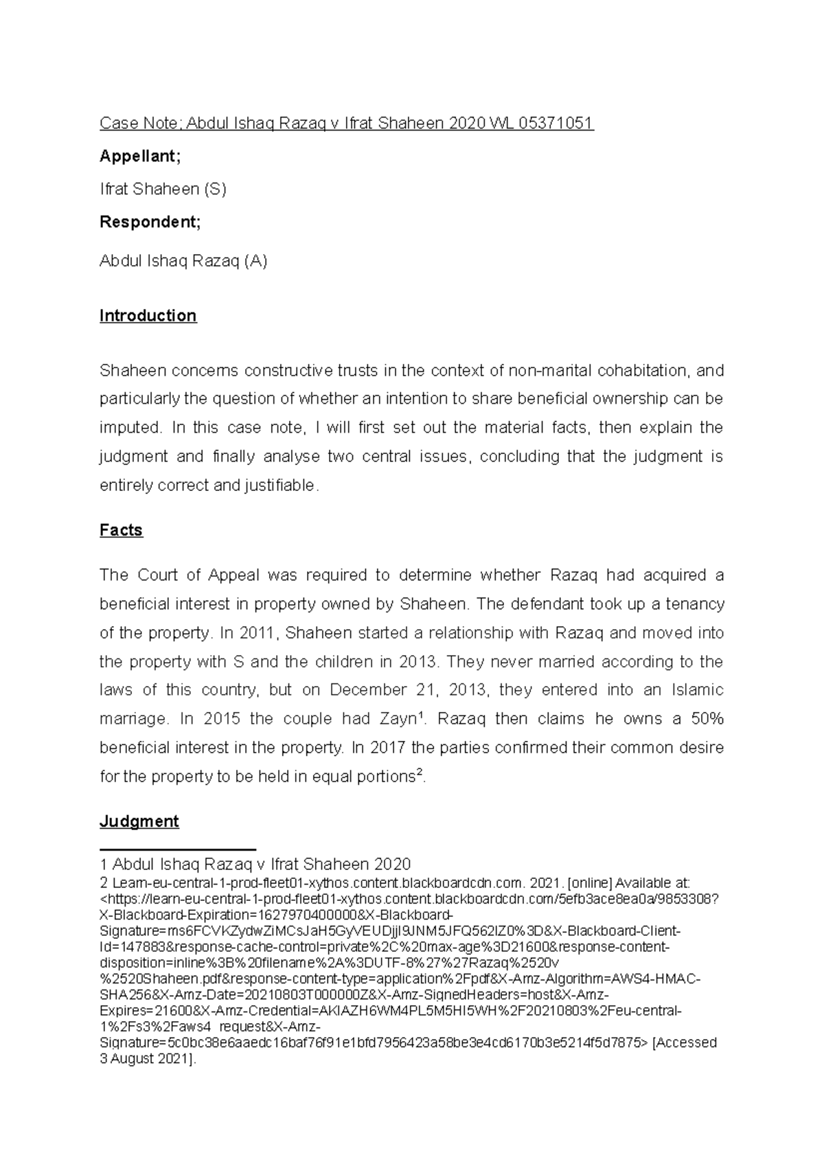 Case Note - Criminal Law - Case Note; Abdul Ishaq Razaq v Ifrat Shaheen ...