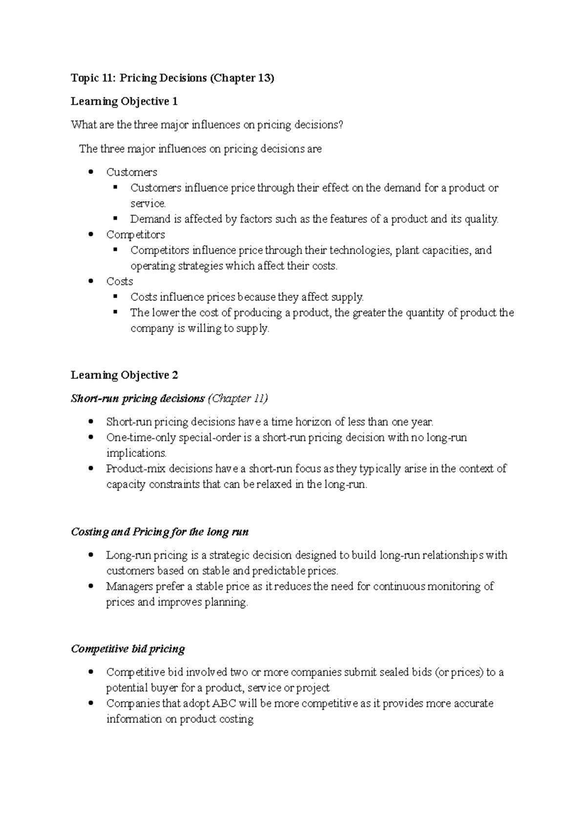 Week 11 Notes - Lecture Note - Topic 11: Pricing Decisions (Chapter 13 ...