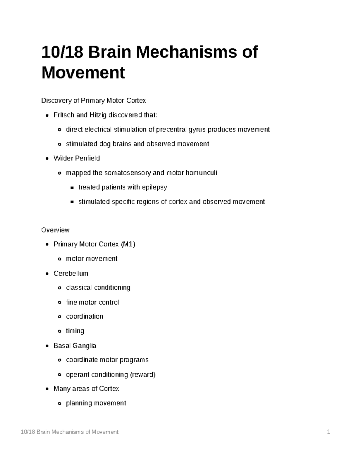 Brain Mechanisms of Movement - 10/18 Brain Mechanisms of Movement ...