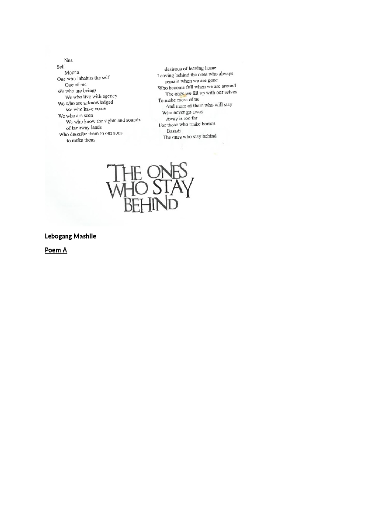 EDEN212 Poems FOR Assignment 1 - B Ed - Lebogang Mashile Poem A Bheki ...