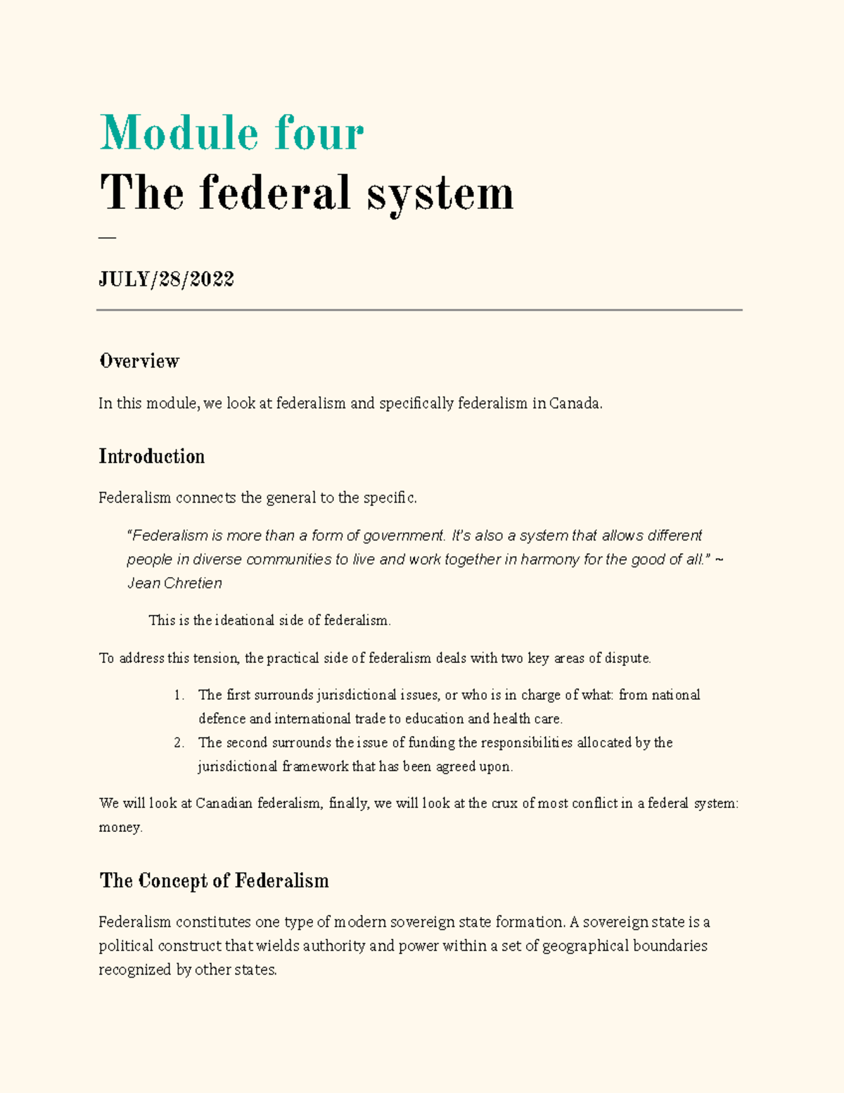 Module four - Module four The federal system ___ JULY/28/ Overview In ...
